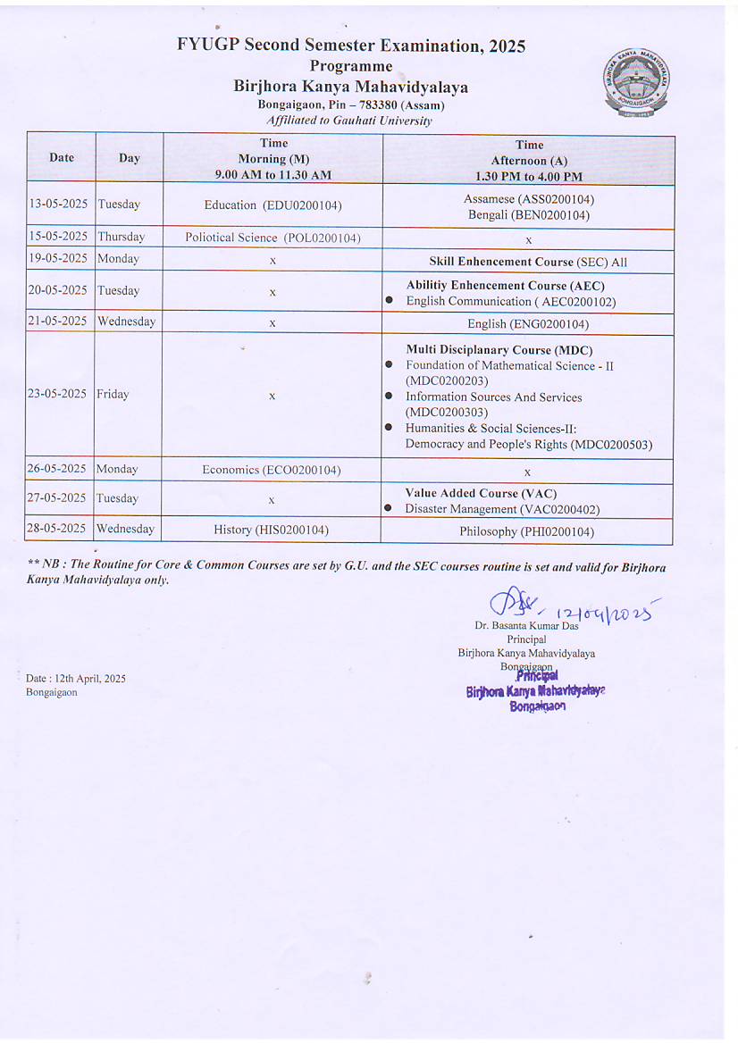 B.A.2nd Semester (FYUGP Regular and Arrear Batch) Final Exam Routine 2025 May | Birjhora Kanya ...